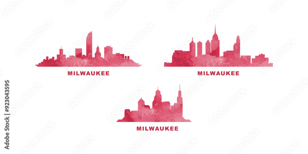 Milwaukee skyline vector logo set. USA, Wisconsin state profile contour ...