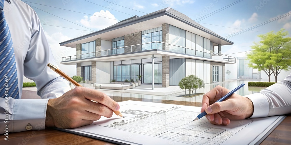 Architect sketching modern residential house design plan , architect ...
