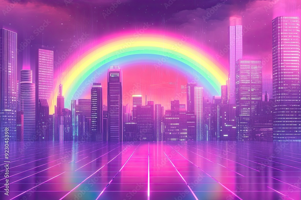 Futuristic 80s synthwave cityscape with neon skyscrapers and a dazzling ...