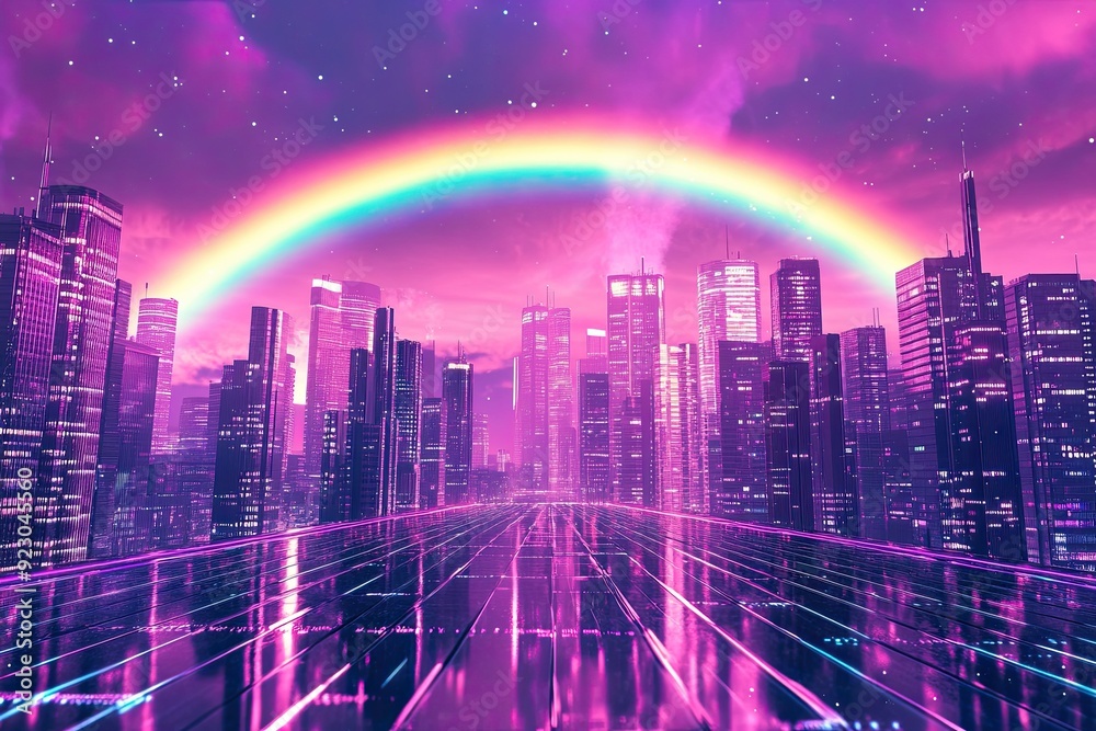 Neon-lit 80s cityscape with synthwave vibes and a vibrant rainbow ...