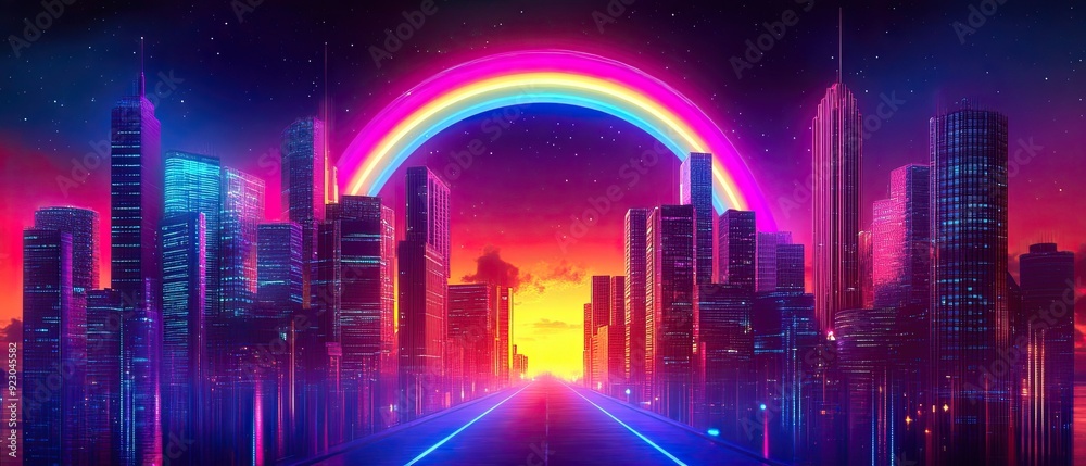 Synthwave cityscape from the 80s glowing with neon lights and a radiant ...