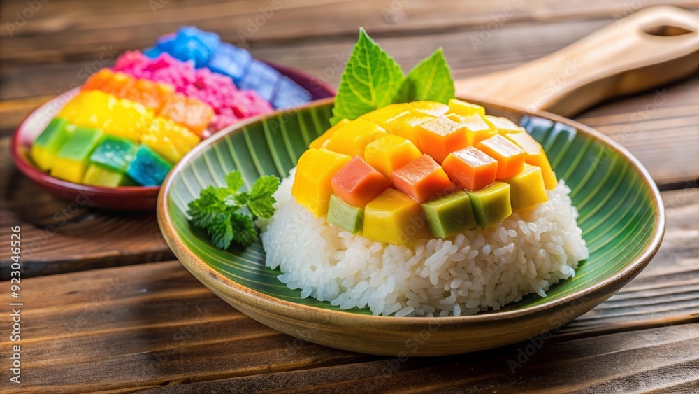 Sweet mango with rainbow sticky rice, a colorful and delicious Asian ...