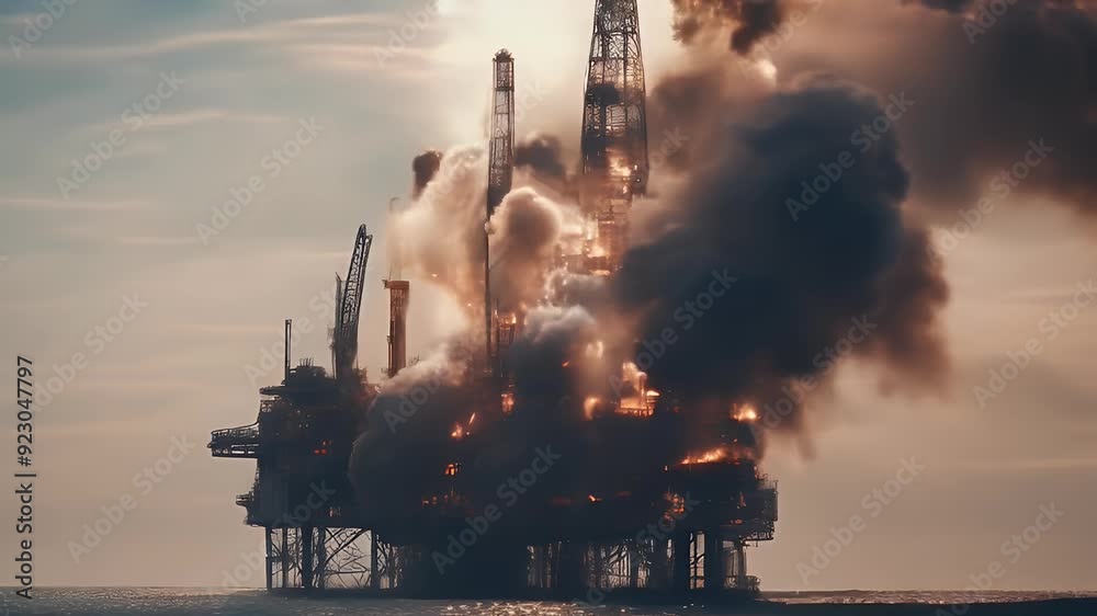 explosion fire on offshore oil rig fireball is rising from the platform ...