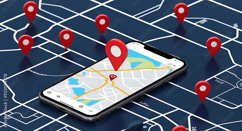Concept of geofencing, featuring a digital map with virtual boundaries, a location pin, and a ...