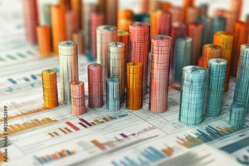Financial data infographic with 3D depth and hand-drawn pencil sketch ...