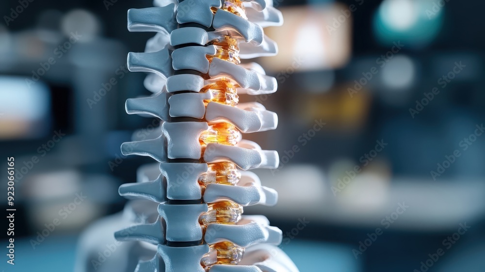A close-up CT scan of the human spine, showcasing vertebrae and spinal ...
