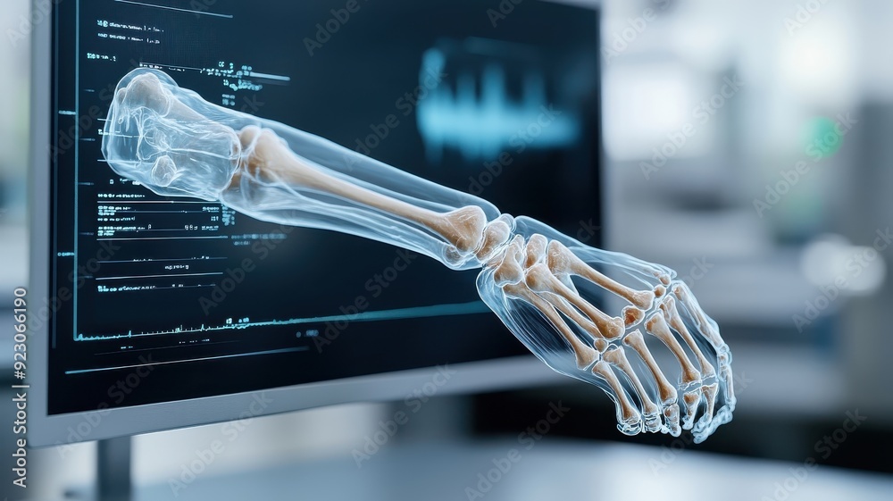 An abstract CT scan of an arm, focusing on bones and soft tissues in a ...