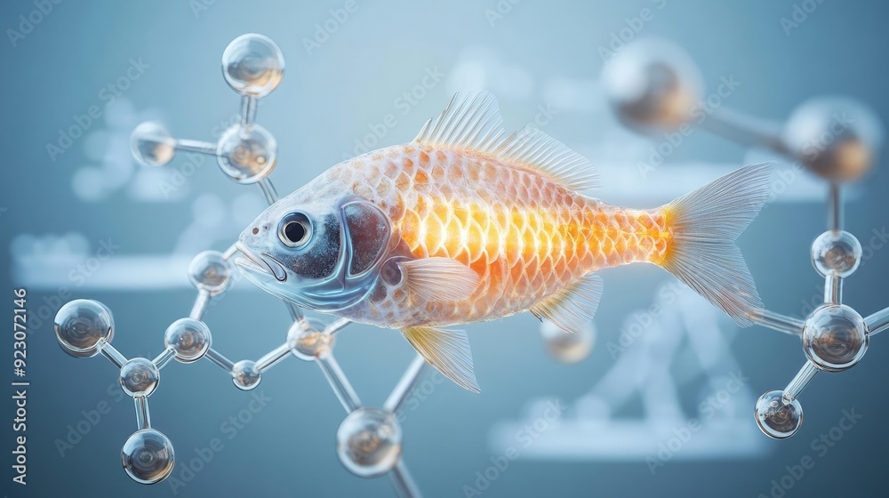 Illuminated fish surrounded by molecular chains symbolizing omega-3 ...
