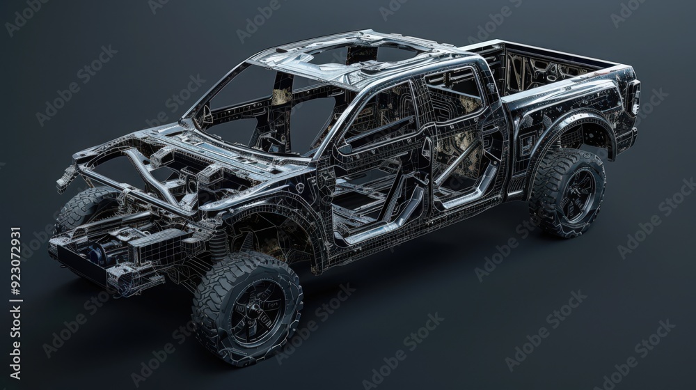 Showcase the strong frame and chassis of a pickup truck, built to ...