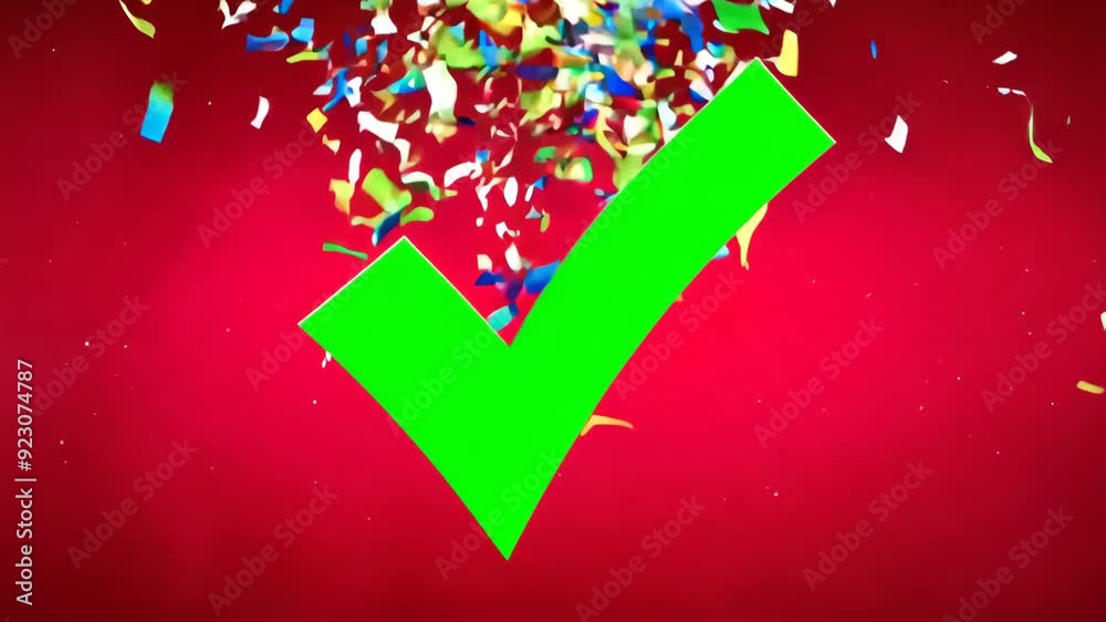 Green Checkmark with Colorful Confetti on Red Background - Symbol of ...