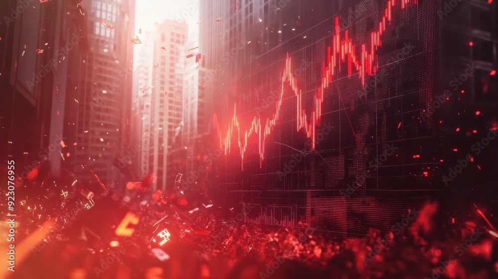 An impactful image representing a stock market crash. Red graphs ...