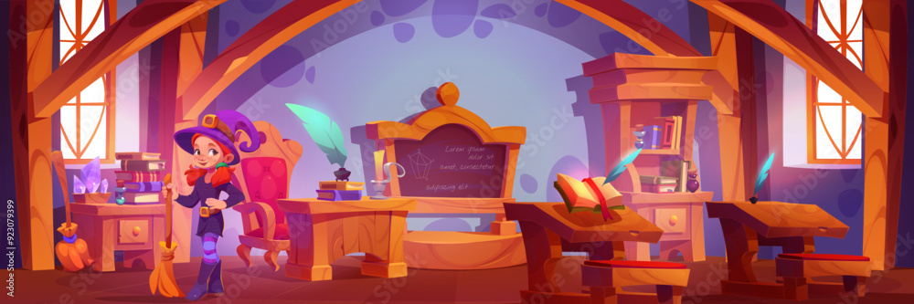 Magic school classroom interior with little witch with red hair, wizard ...