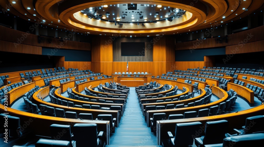 The interior of a legislative assembly hall with rows of seats, a ...