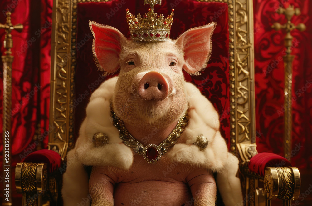 an adorable pig sitting on a throne, wearing a crown, a royal fur coat ...