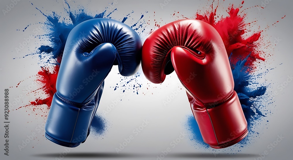Two boxing gloves clashing in the center, with ample copyspace for ...