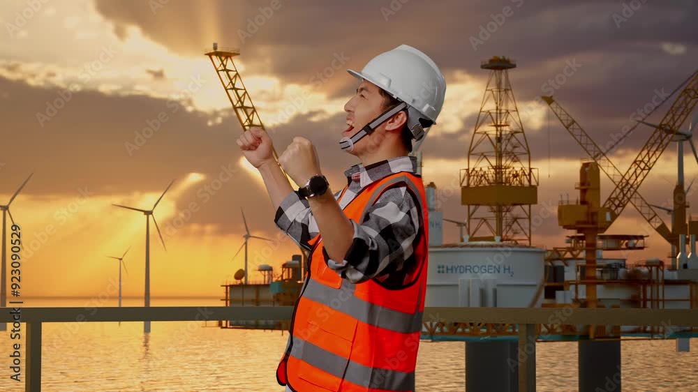 Side View Of Asian Male Engineer With Safety Helmet Screaming Goal ...