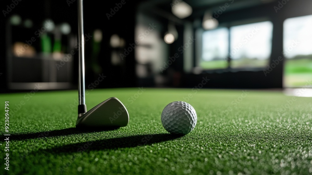 Equipment for screen golf, featuring a putter and ball with a virtual ...