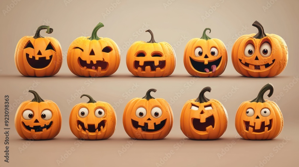 Detailed of ten cartoon jack-o'-lanterns with diverse facial ...