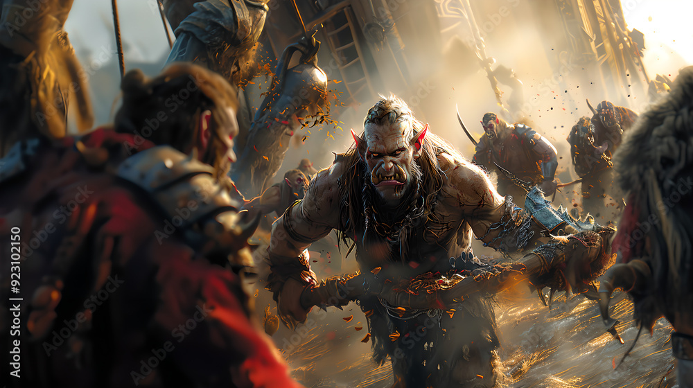 Ferocious Orc Warriors Clad in Brutal Armor, Roaring on the Battlefield ...