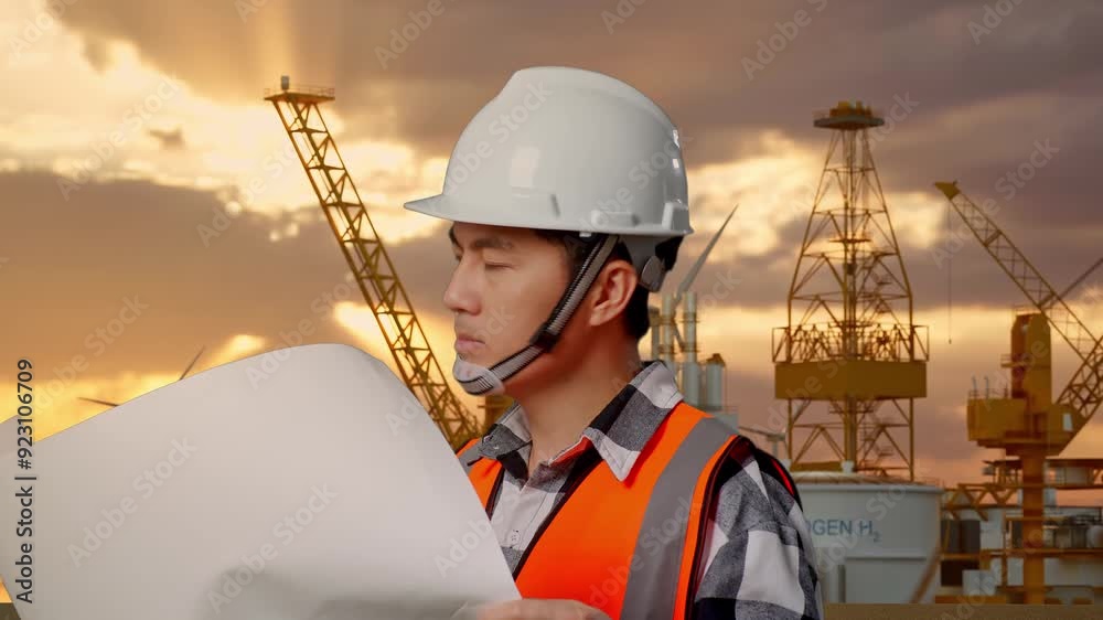 Close Up Side View Of Asian Male Engineer With Safety Helmet Looking At ...