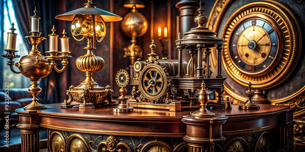 Elegant Victorian-era inspired gadgets, intricate clockwork mechanisms ...