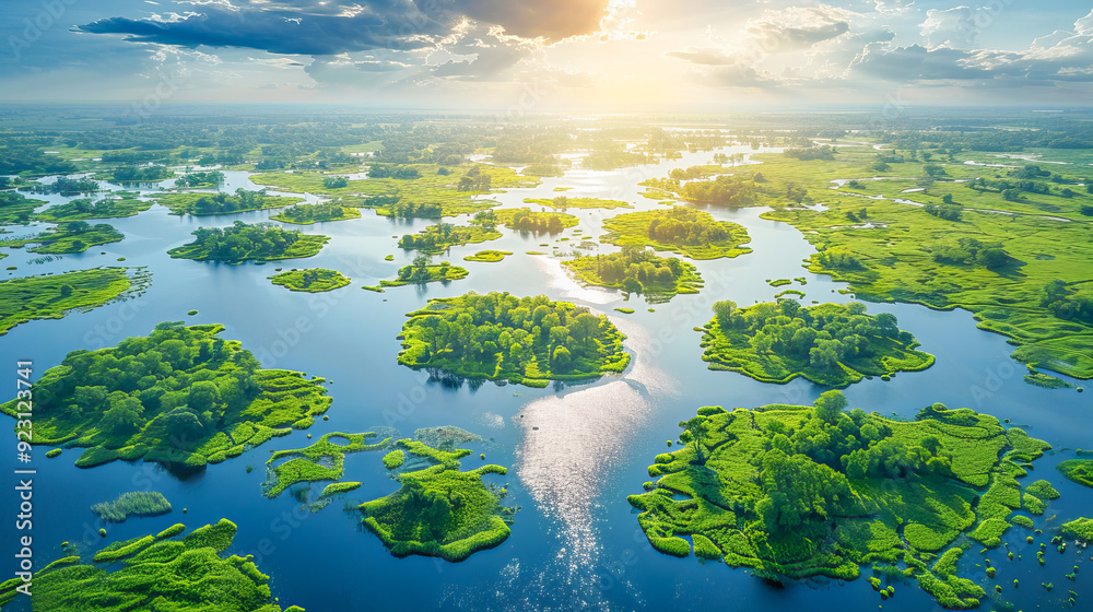 Restored wetlands creating green islands in blue water landscape Stock ...