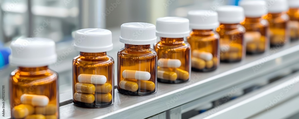 Assembly line of pill bottles in a high-tech pharmaceutical facility ...