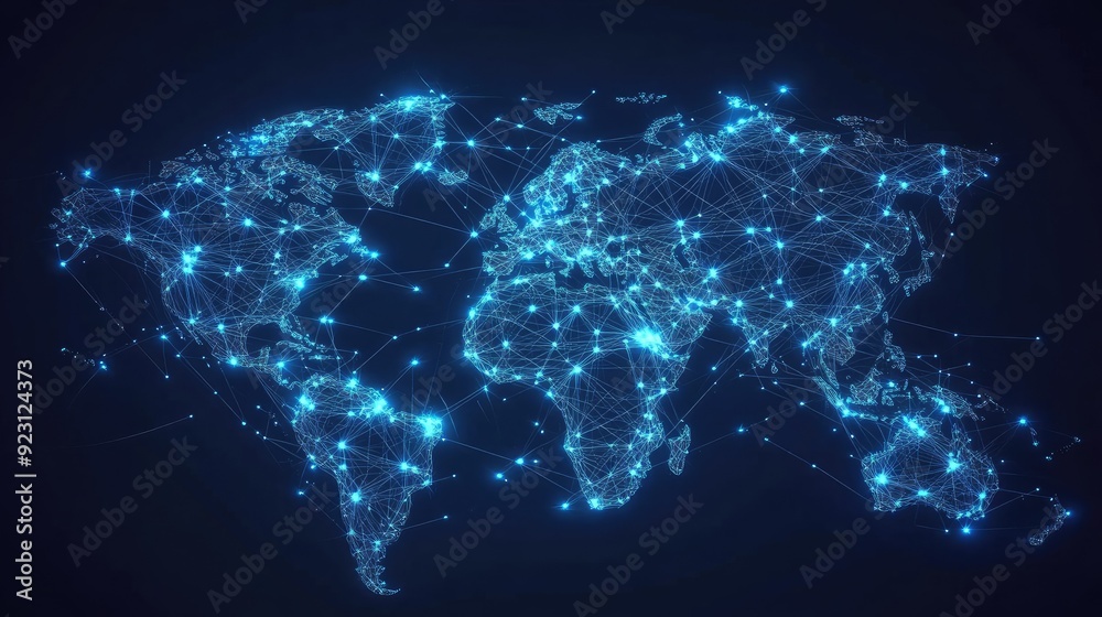 Modern abstract world map with glowing data connections and network ...