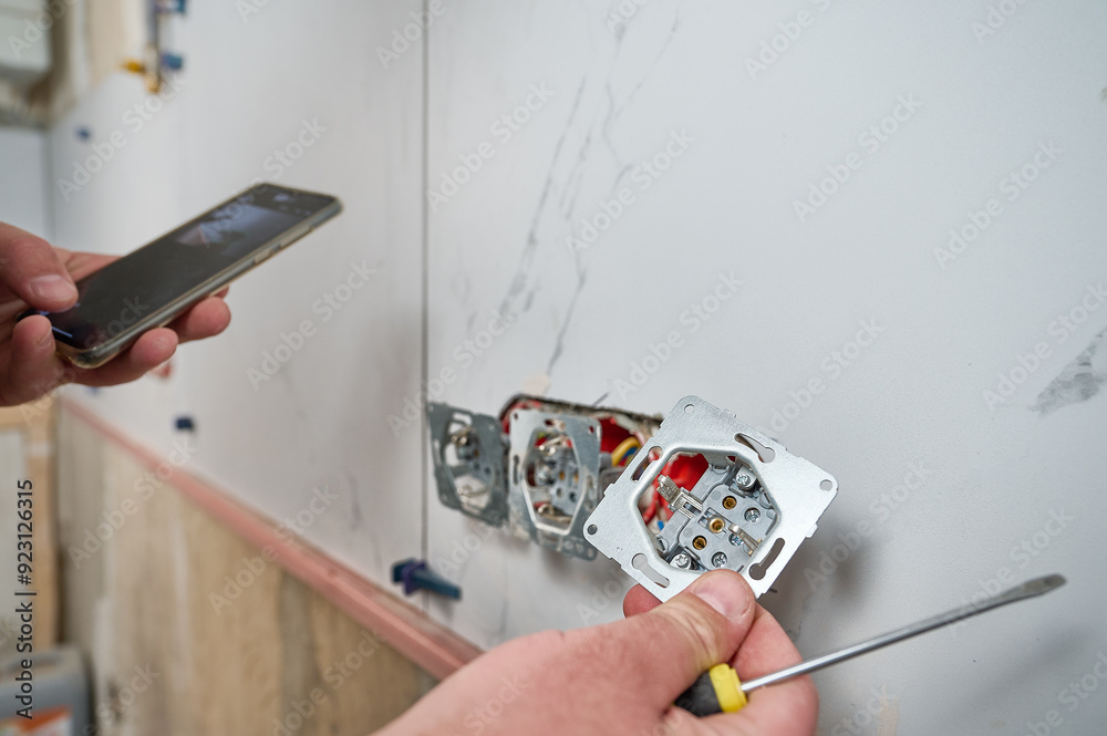 Professional electrician installing electric socket into the wall using ...