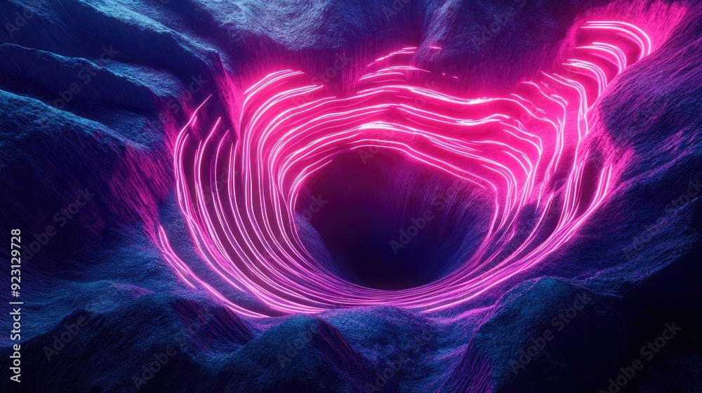 Techno-themed sinkhole with vibrant neon striped lines creating a ...