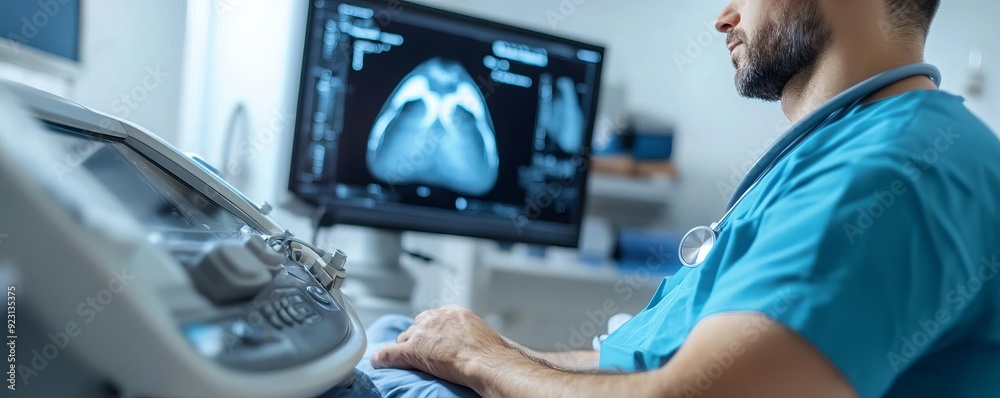 Doctor performing an ultrasound scan on a patient in a hospital clinic ...
