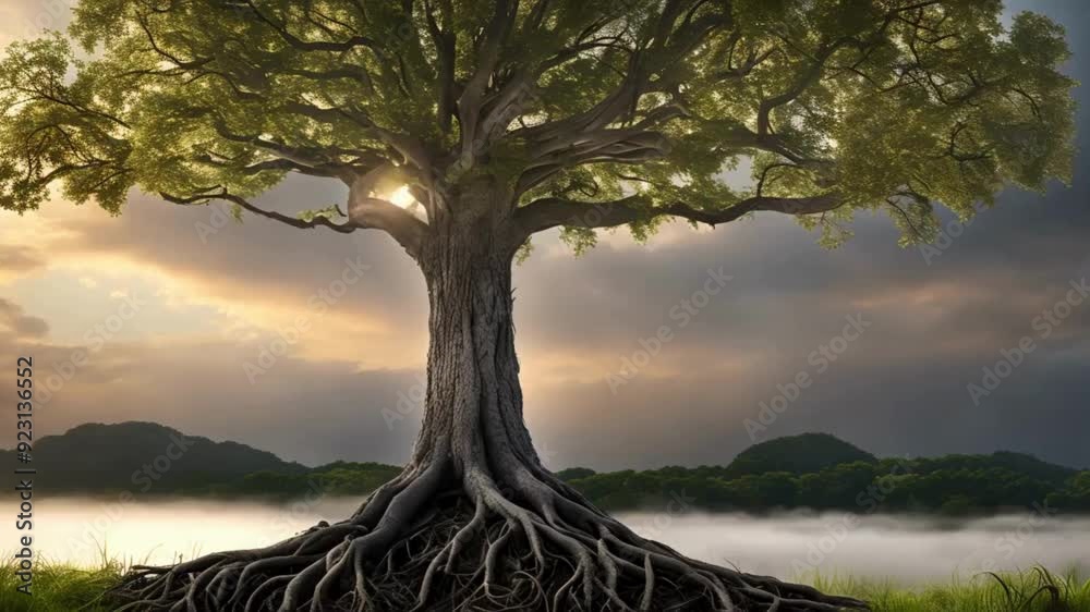 Visualize the evolution of a seed growing into a giant tree, with roots ...