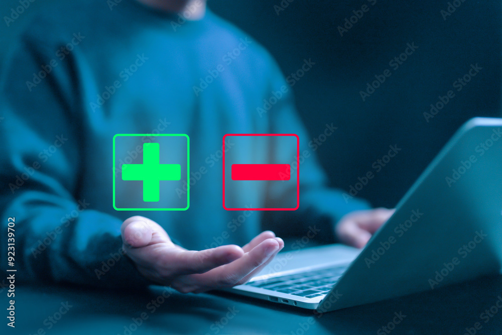 hand shows icon plus and minus, sign opposite negative positive ...