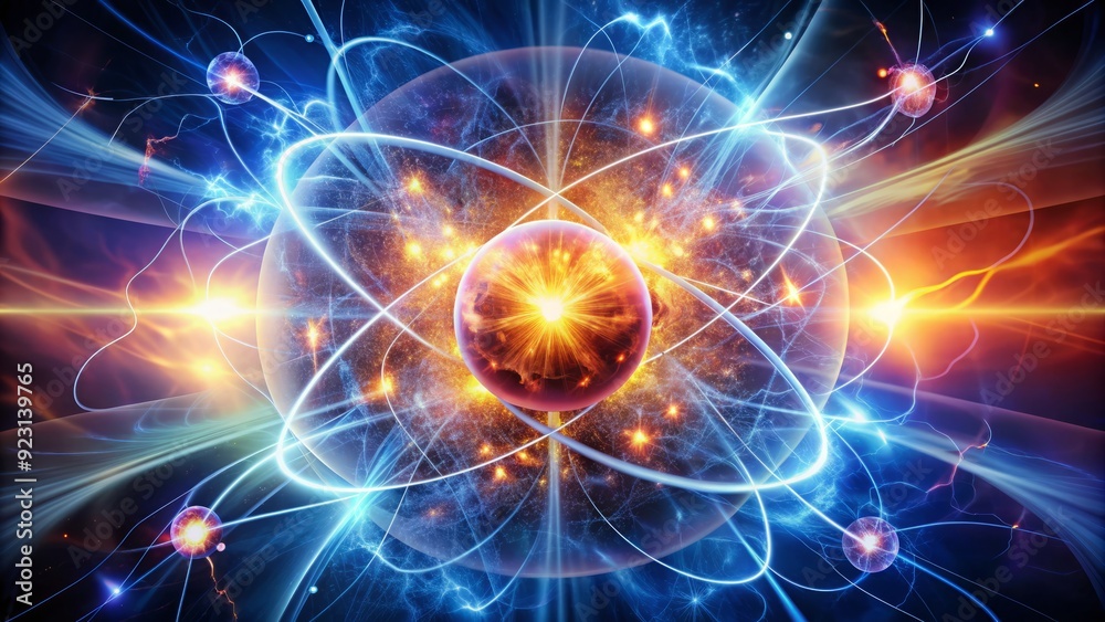 Innovative scientific illustration of atomic nucleus fusion reaction ...