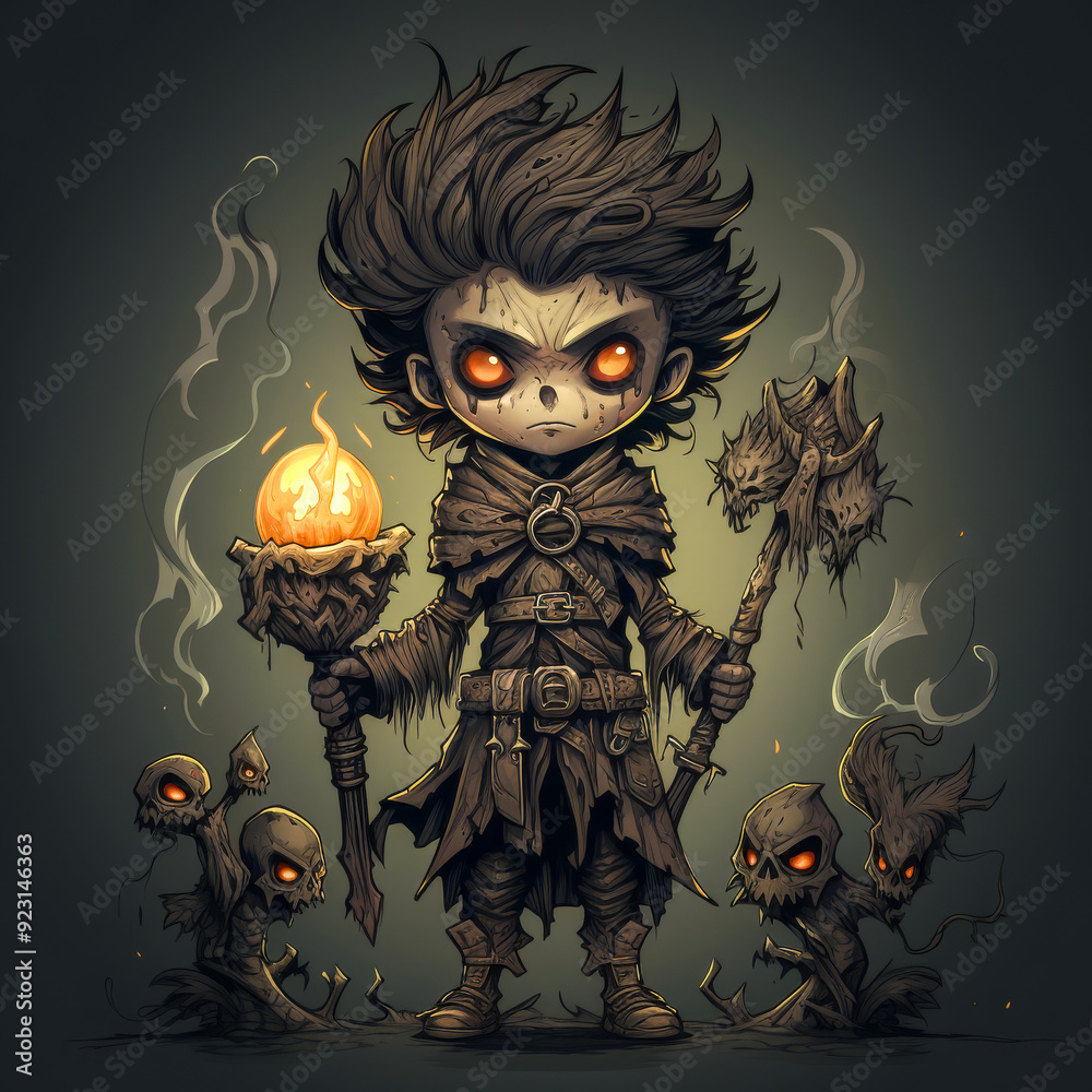A dark fantasy illustration featuring a chibi-style character with ...