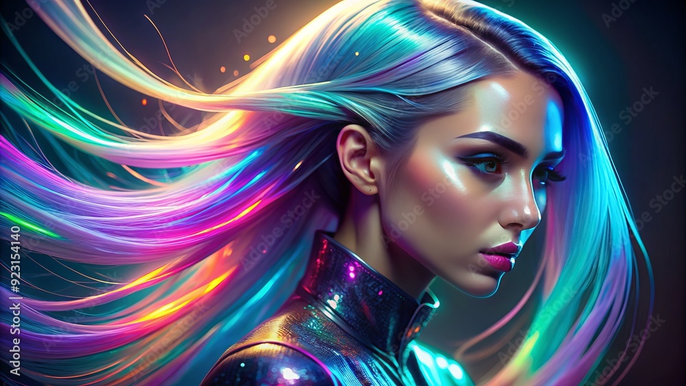 Sleek, neon-lit locks cascade down a futuristic femme's back, with ...