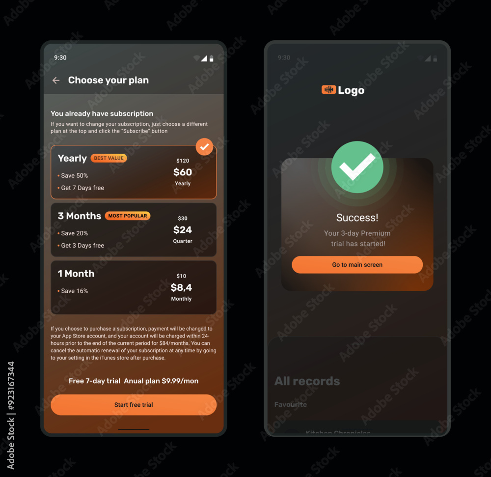 Illustration of app screens with subscription plans and a modal window ...