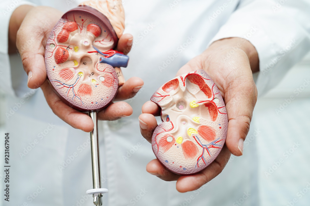 Chronic kidney disease, doctor with model for treatment urinary system ...