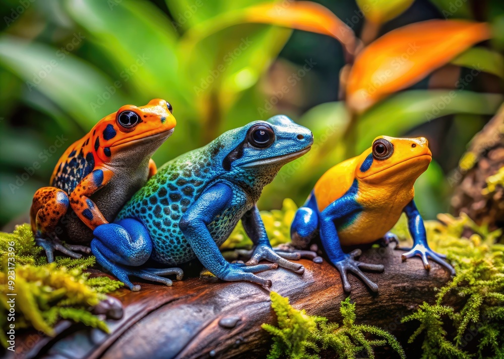 Vibrant poison dart frogs in shades of blue, orange, and yellow sit on ...