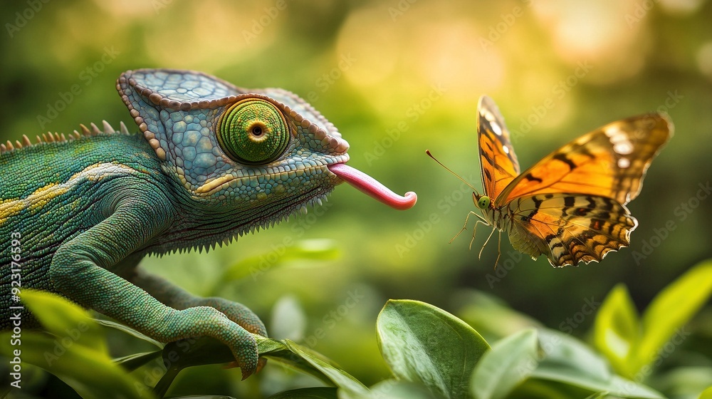Camaleón apuntando a una mariposa con su lengua en un entorno natural, capturando un momento ...