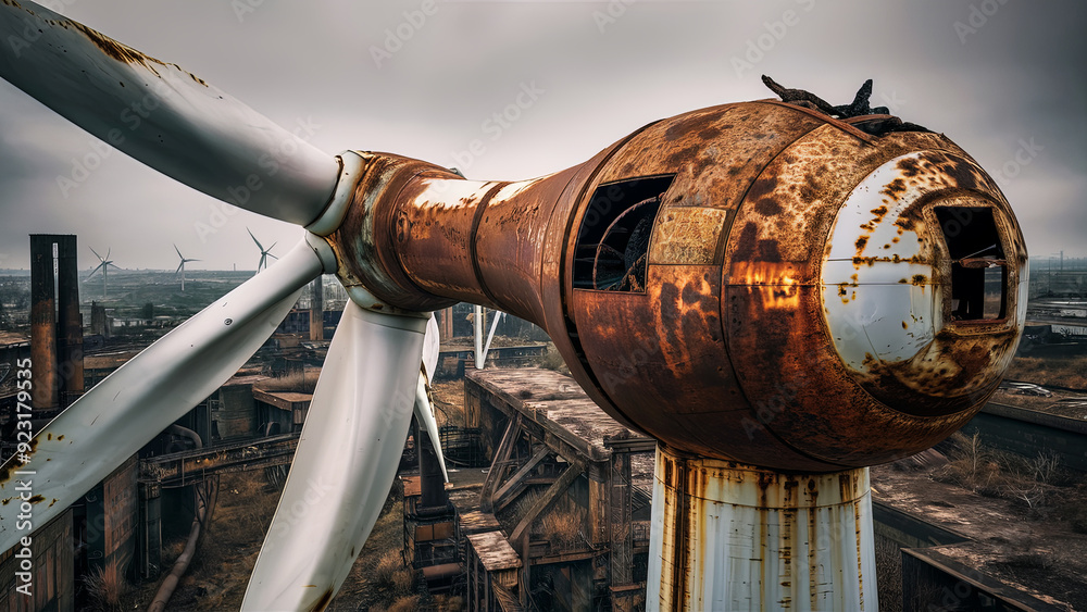 Close-up of a rusted and abandoned wind turbine in an industrial ...