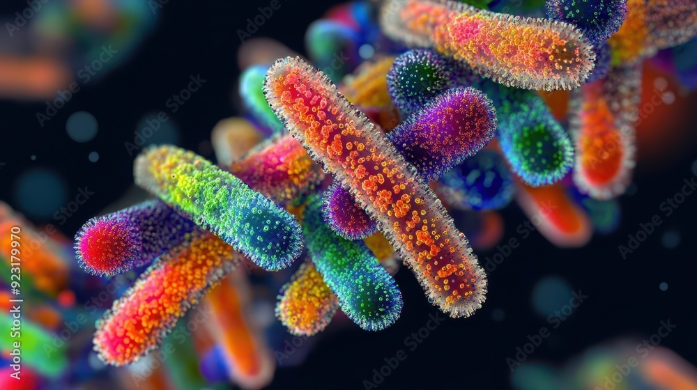 Microscopic bacteria with fluorescent staining, glowing colors ...