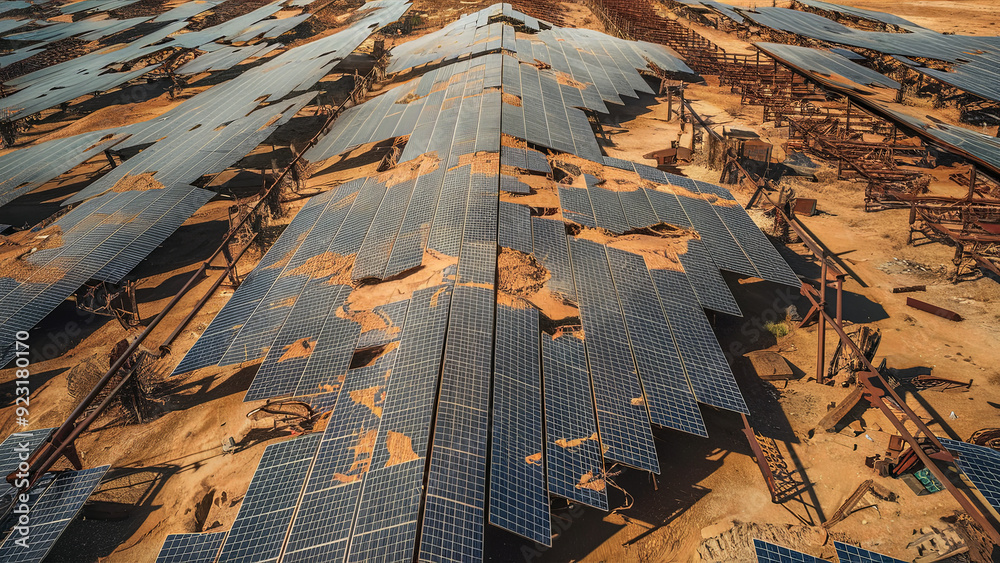 Close-up of shattered solar panels with the sun shining through the ...