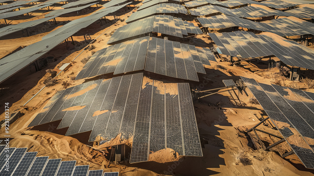 Aerial view of an expansive solar farm with panels buried under sand ...