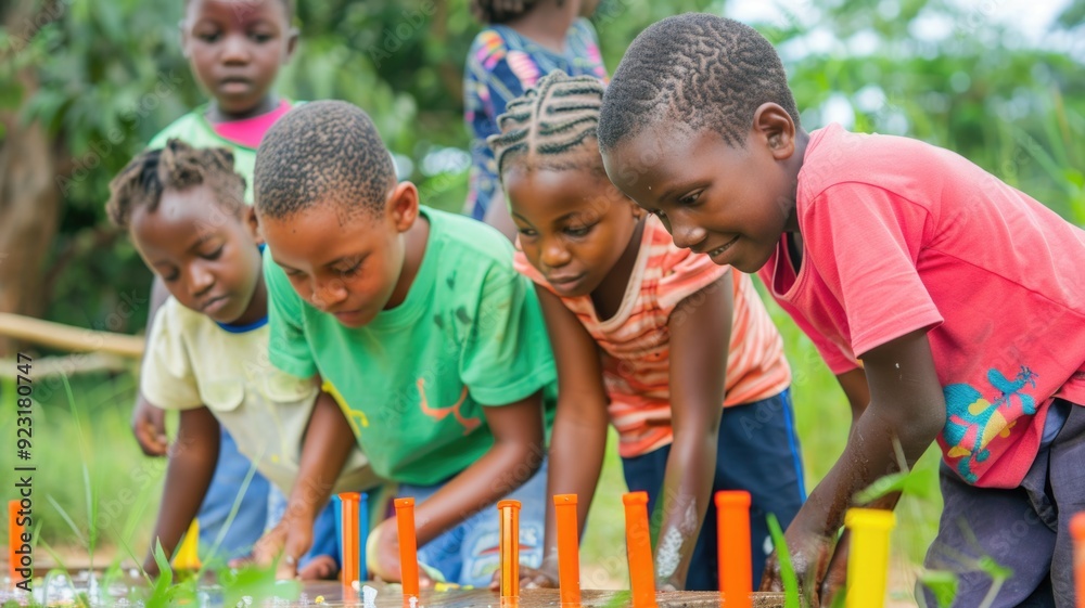Children learning about water conservation in a classroom, with visual aids and interactive ...