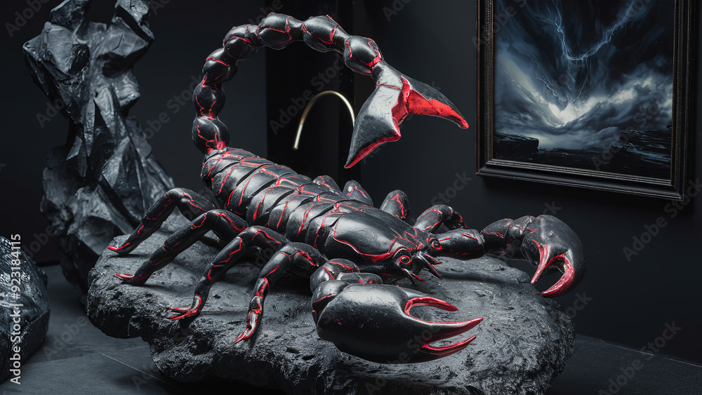 Mysterious and intense sculpture of a scorpion with red accents ...