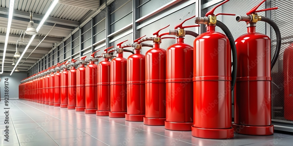 Red large fire extinguishers installed at a data center, fire safety ...