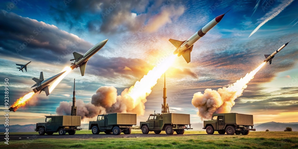 Air defense system launching missiles to repel an incoming combat ...