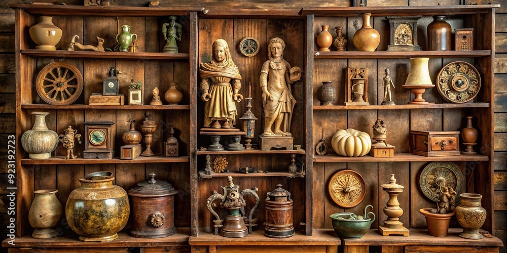 Vintage wooden shelves display a curated assortment of antique ...