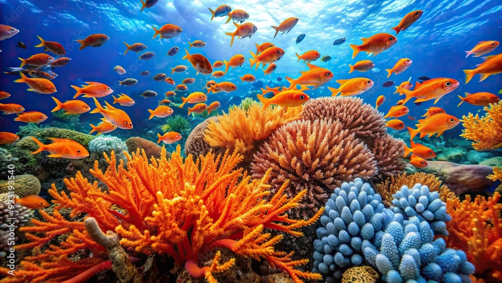 Vibrant orange coral reefs teeming with marine life, schools of blue ...